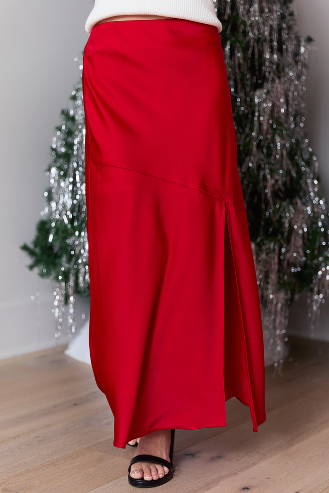 Lumi Red Satin Slit Maxi Skirt DOORBUSTER