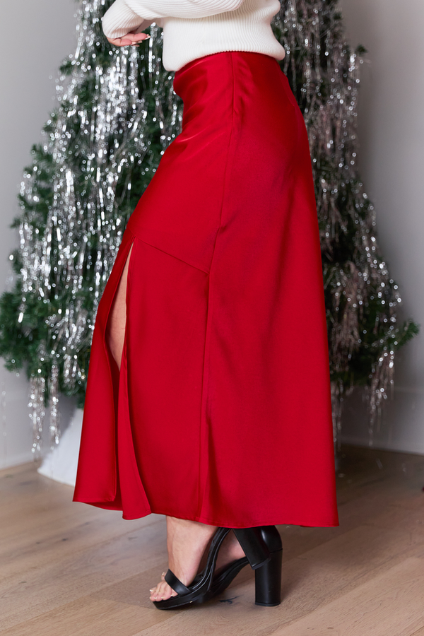 Lumi Red Satin Slit Maxi Skirt DOORBUSTER