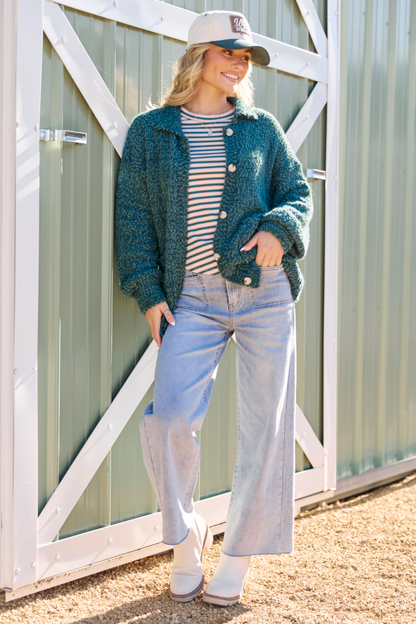 Marcella Teal Collared Boucle Cardigan DOORBUSTER