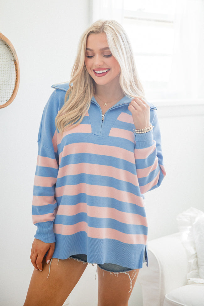 Pulling Heartstrings Blue and Coral Striped Quarter Zip Pullover – Pink ...