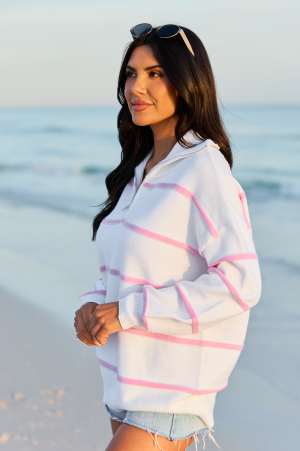 Sunday Stripe Club White And Pink Quarter Zip