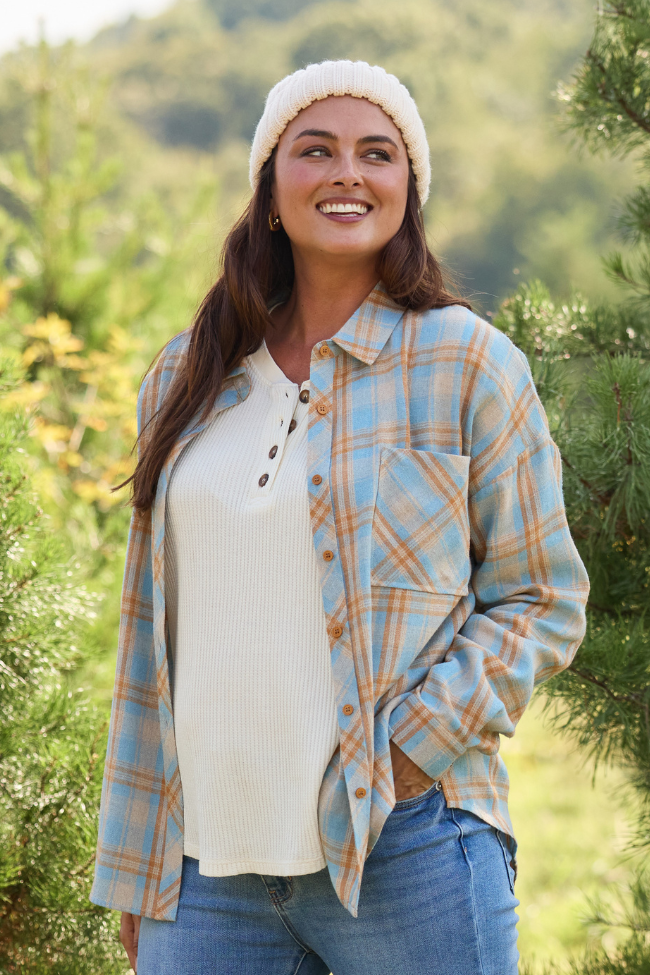 Rory Blue And Brown Plaid Flannel Button Down Top