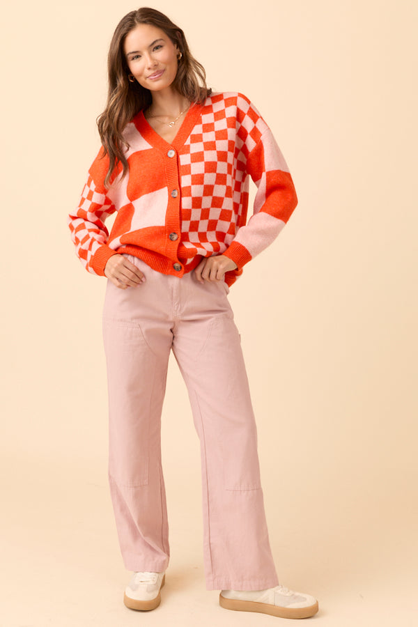 Alyssia Coral And Orange Checkered Cardigan FINAL SALE