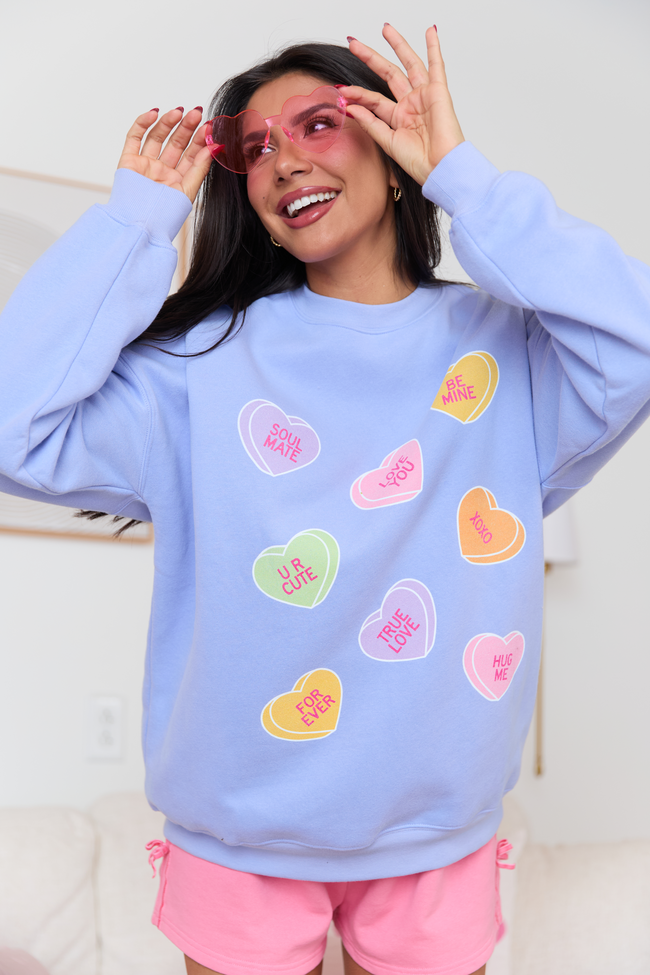 Candy Hearts Periwinkle Graphic Sweatshirt